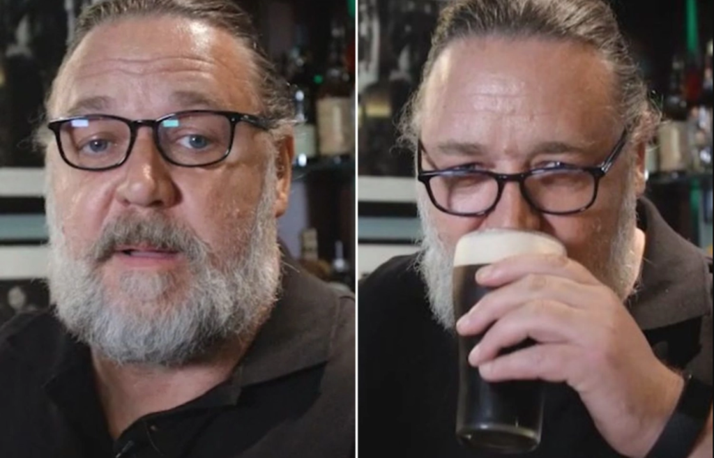 Russell Crowe enjoys a pint of Guinness on Irish TV as he shares ...